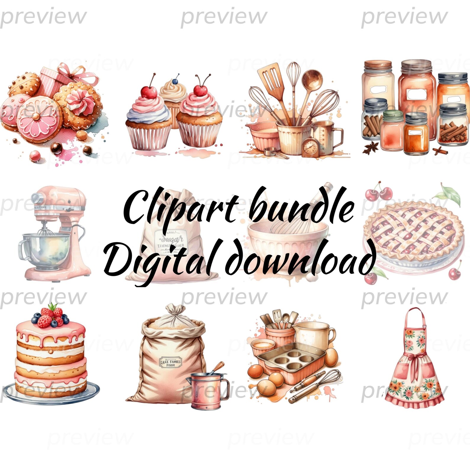 Watercolor Baking Clipart, Baking Supplies Png, Home Bakery Logo ...