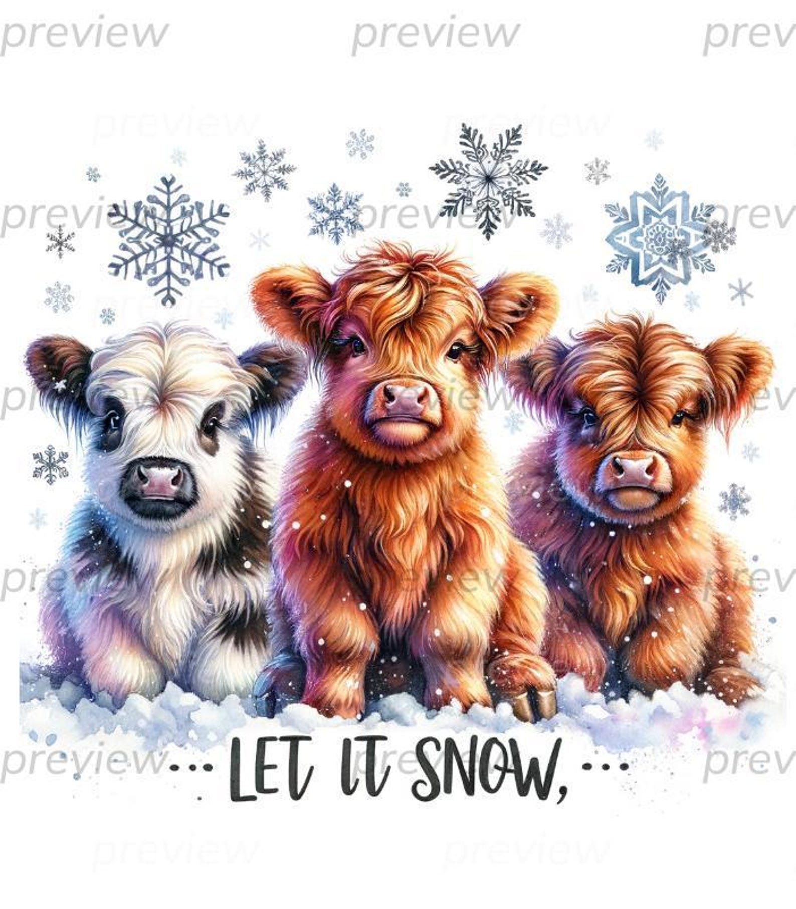 Highland Cow Holiday PNG Design With Snowflakes Winter Christmas Print ...