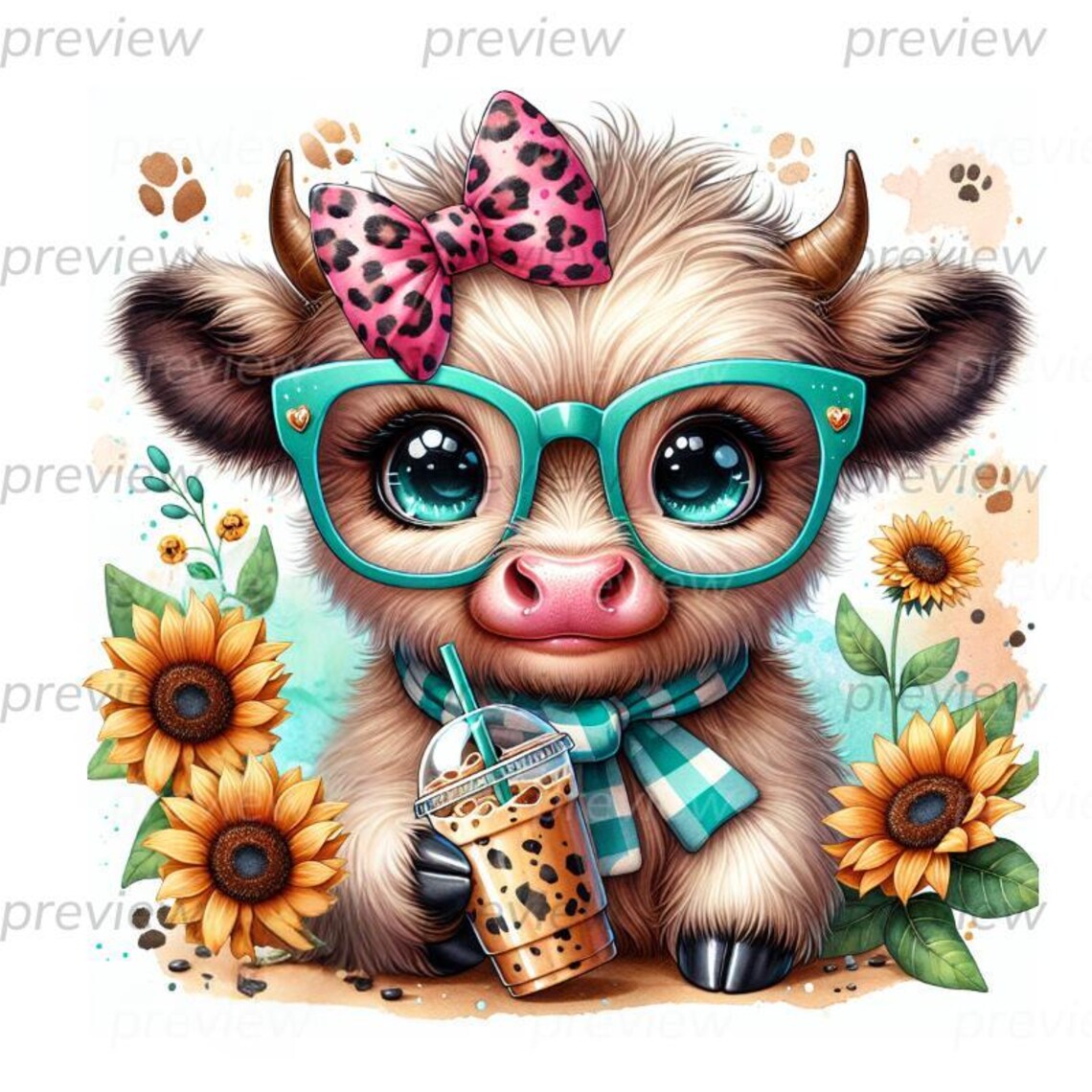 Highland Cow Sublimation Design, Cute Cow PNG, Baby Cow With Sunflower ...