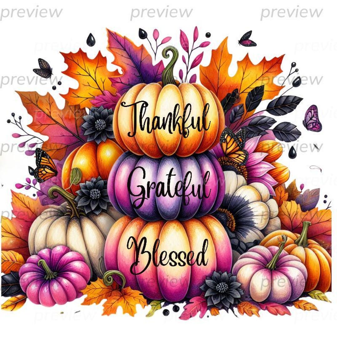 Thankful Grateful Blessed Pumpkin Art for Fall Decor, Autumn Wall Art ...