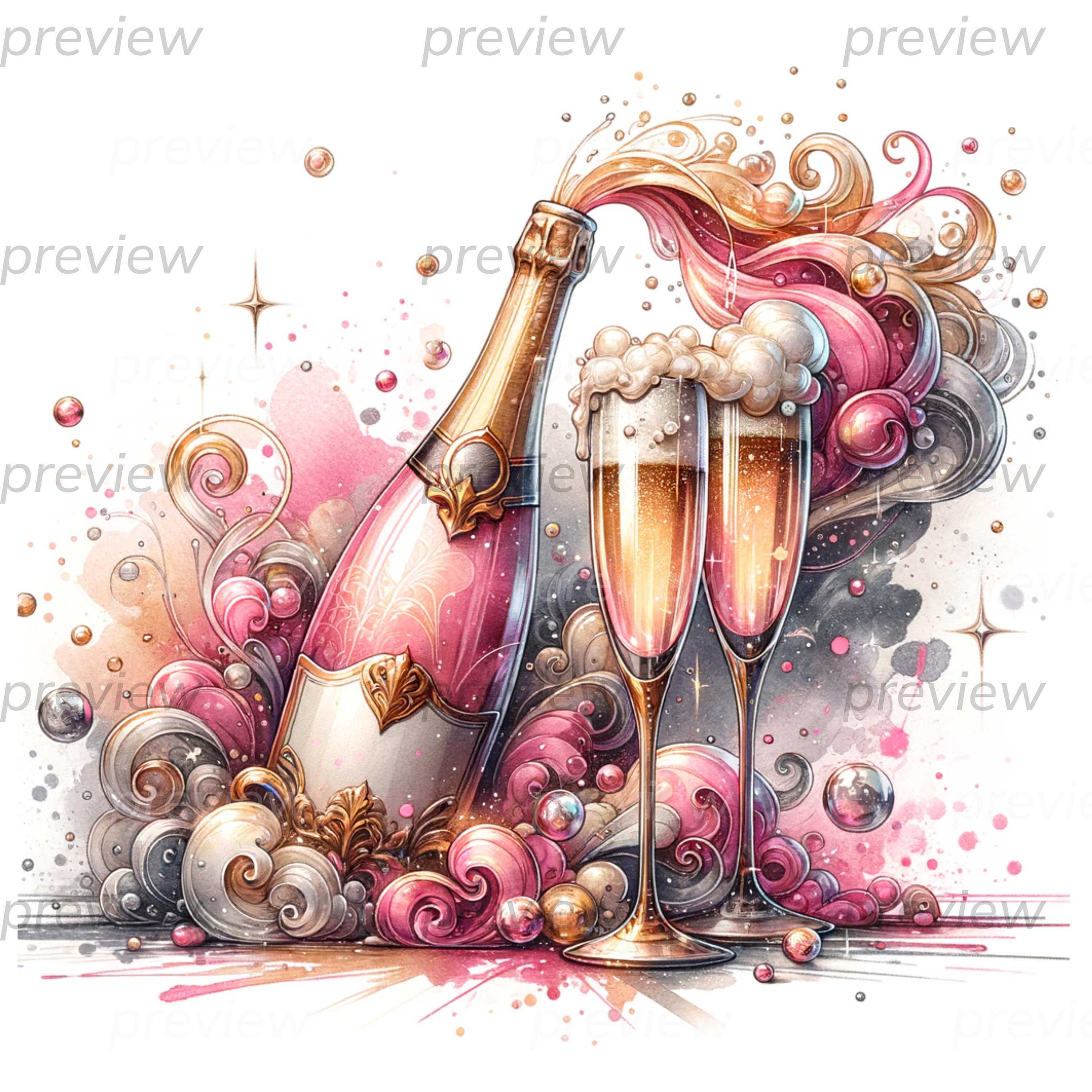 Pink Champagne Bottle and Flutes Png, Champagne Watercolor ...