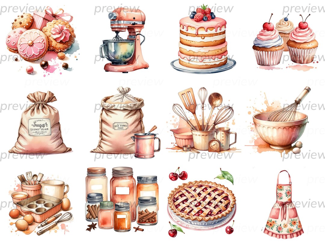 Watercolor Baking Clipart, Baking Supplies Png, Home Bakery Logo ...