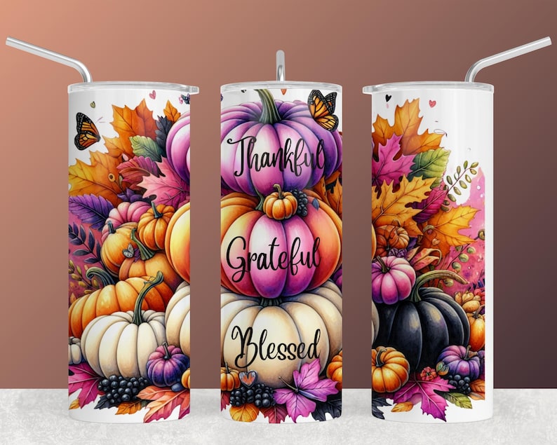 Thankful Grateful Blessed Fall PNG , Pumpkins and Autumn Leaves ...