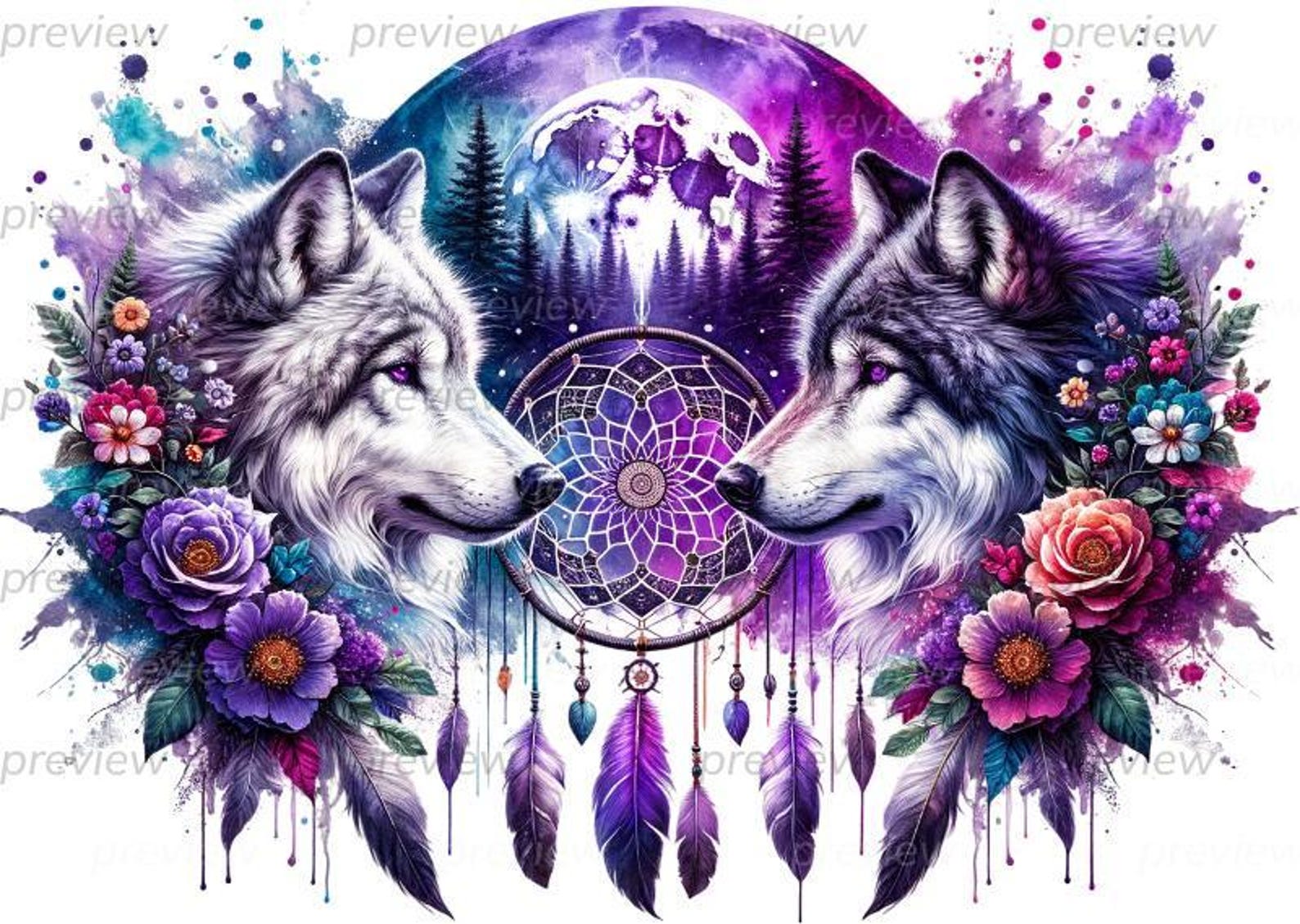 Mystical Wolf With Dreamcatcher and Floral Clipart, Moon Phase PNG ...