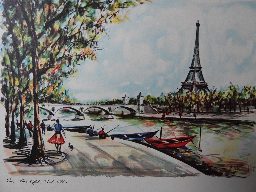 Claude Ducollet "paris Tour Eiffel Pont D'sena" Watercolor Print / Girl ...