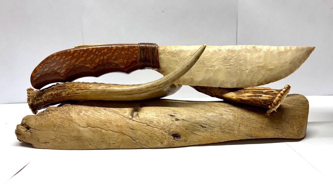 Flint Knapped Coral Knife W/ Leopard Wood Handle and Antler Knife Stand ...