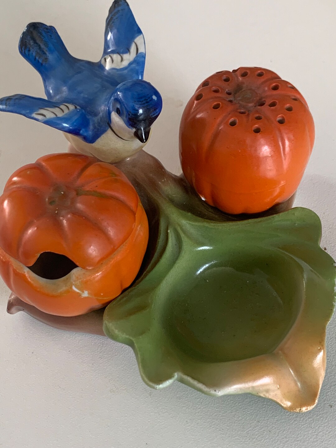 Charming Vintage Blue Bird Pottery Set: Salt, Pepper, and Mustard ...