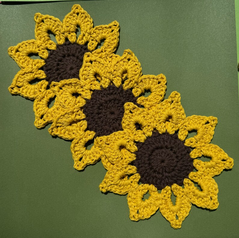 Handmade Deep Yellow Crochet Sunflower Coaster, Coaster Set, Summer ...