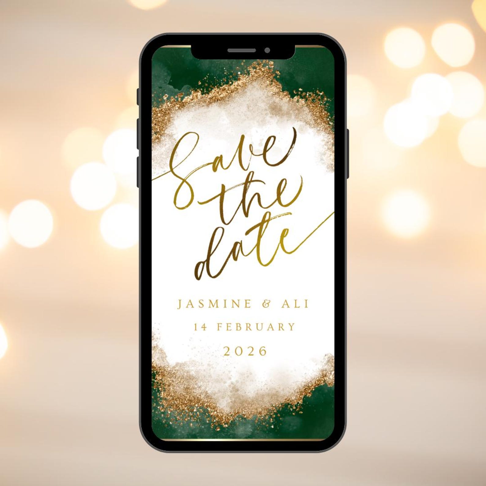 Save the Date Template, Green Emerald With Calligraphy Gold Text - Etsy