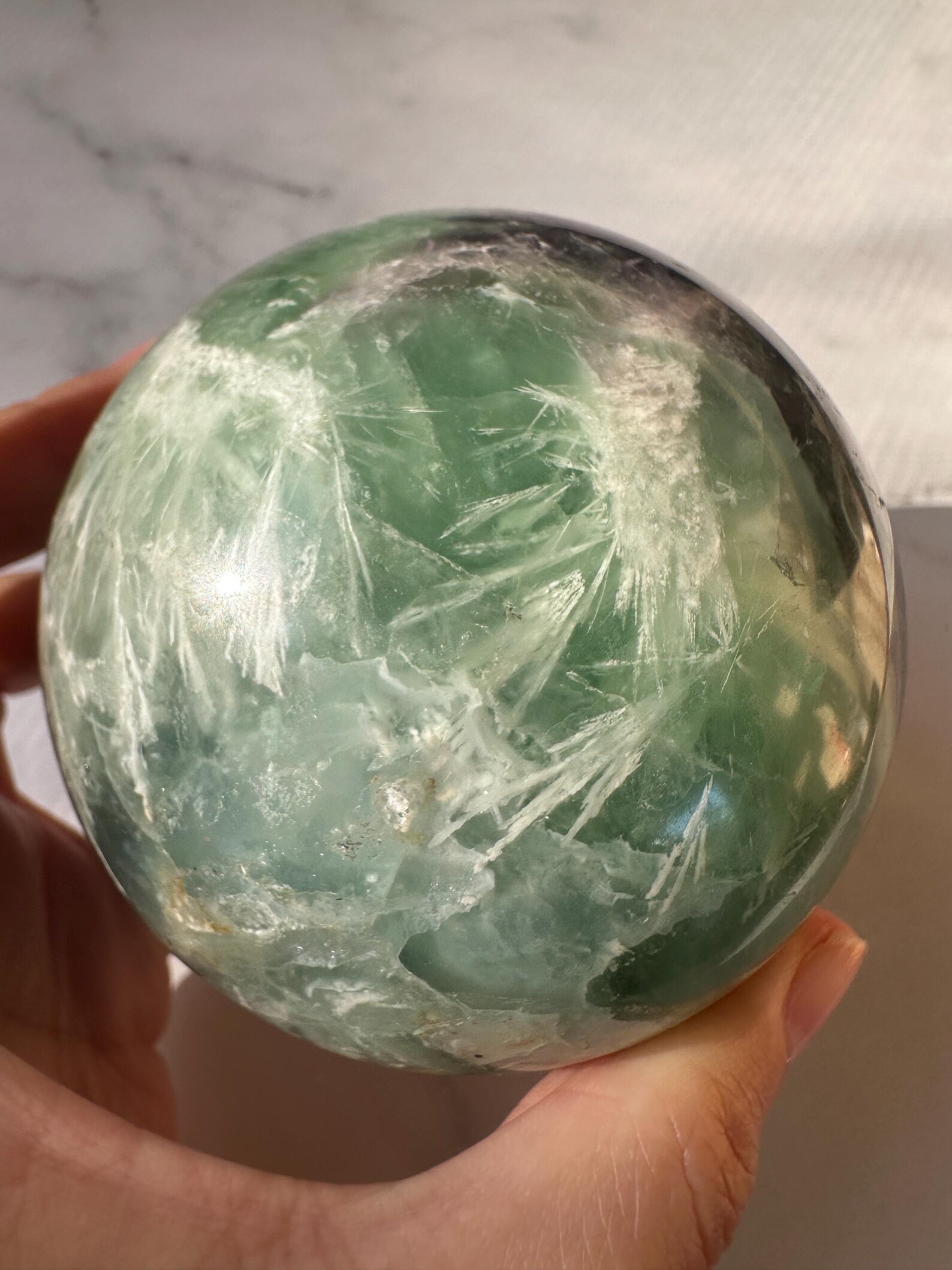 Rare Large Feather Fluorite Sphere – Hand-carved Green Crystal Ball for ...