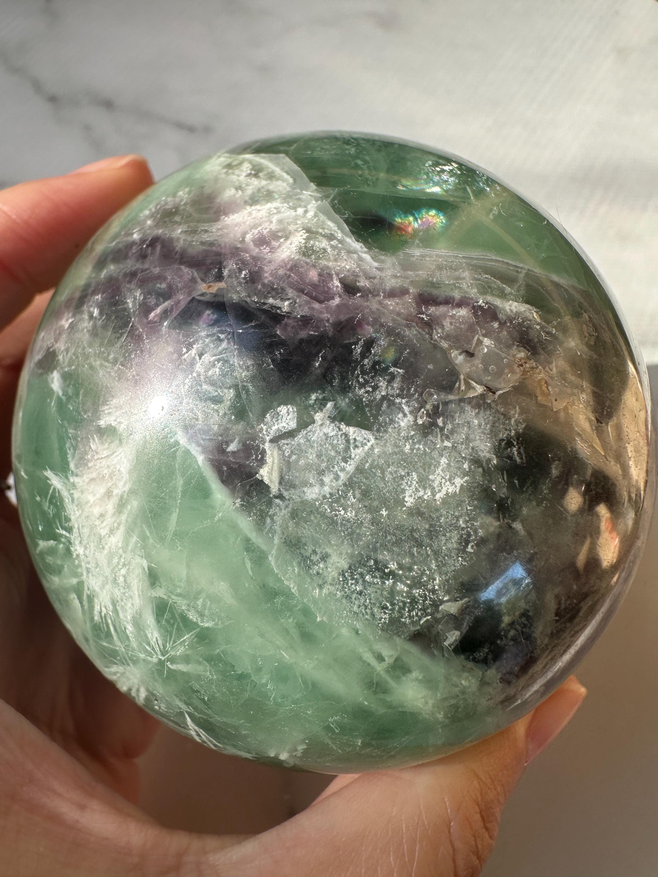 Rare Large Feather Fluorite Sphere – Hand-carved Green Crystal Ball for ...