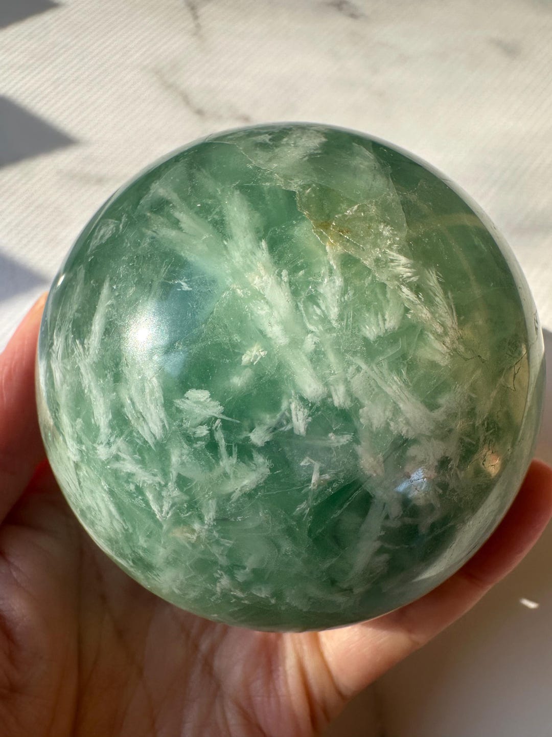 Rare Large Feather Fluorite Sphere – Hand-carved Green Crystal Ball for ...