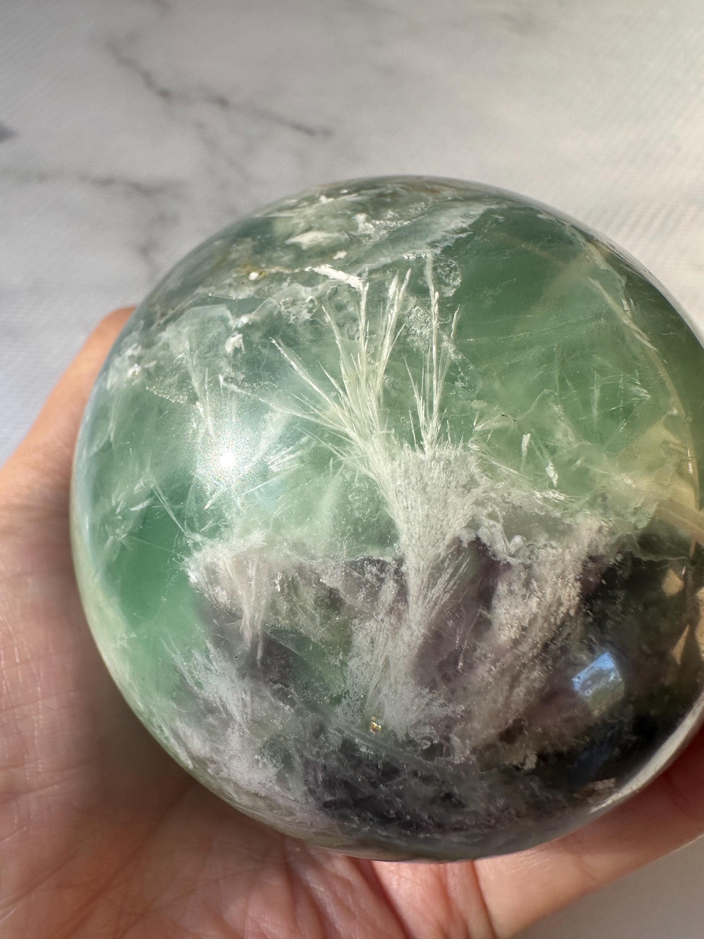 Rare Large Feather Fluorite Sphere – Hand-carved Green Crystal Ball for ...