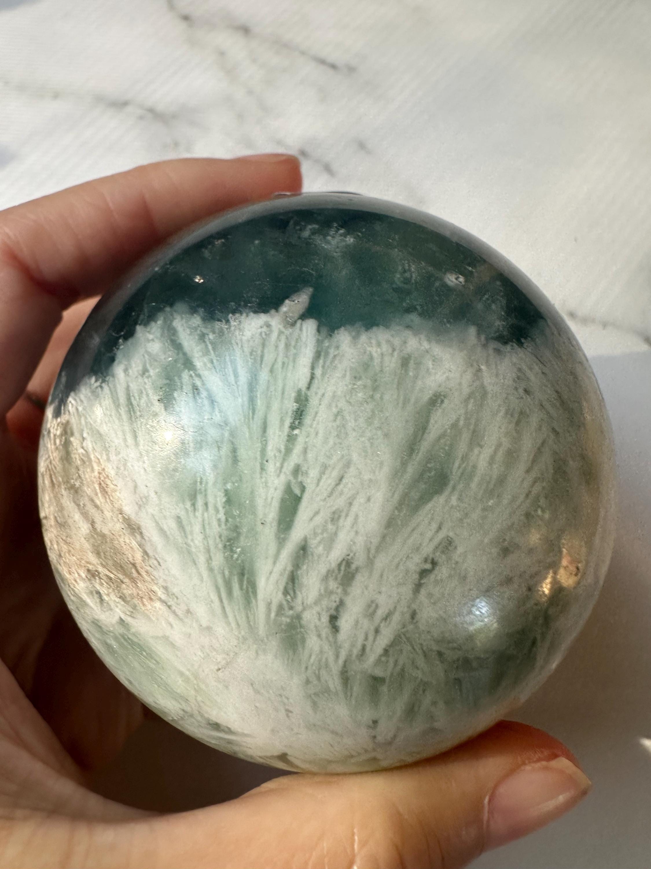 Rare Large Feather Fluorite Sphere – Hand-carved Green Crystal Ball for ...