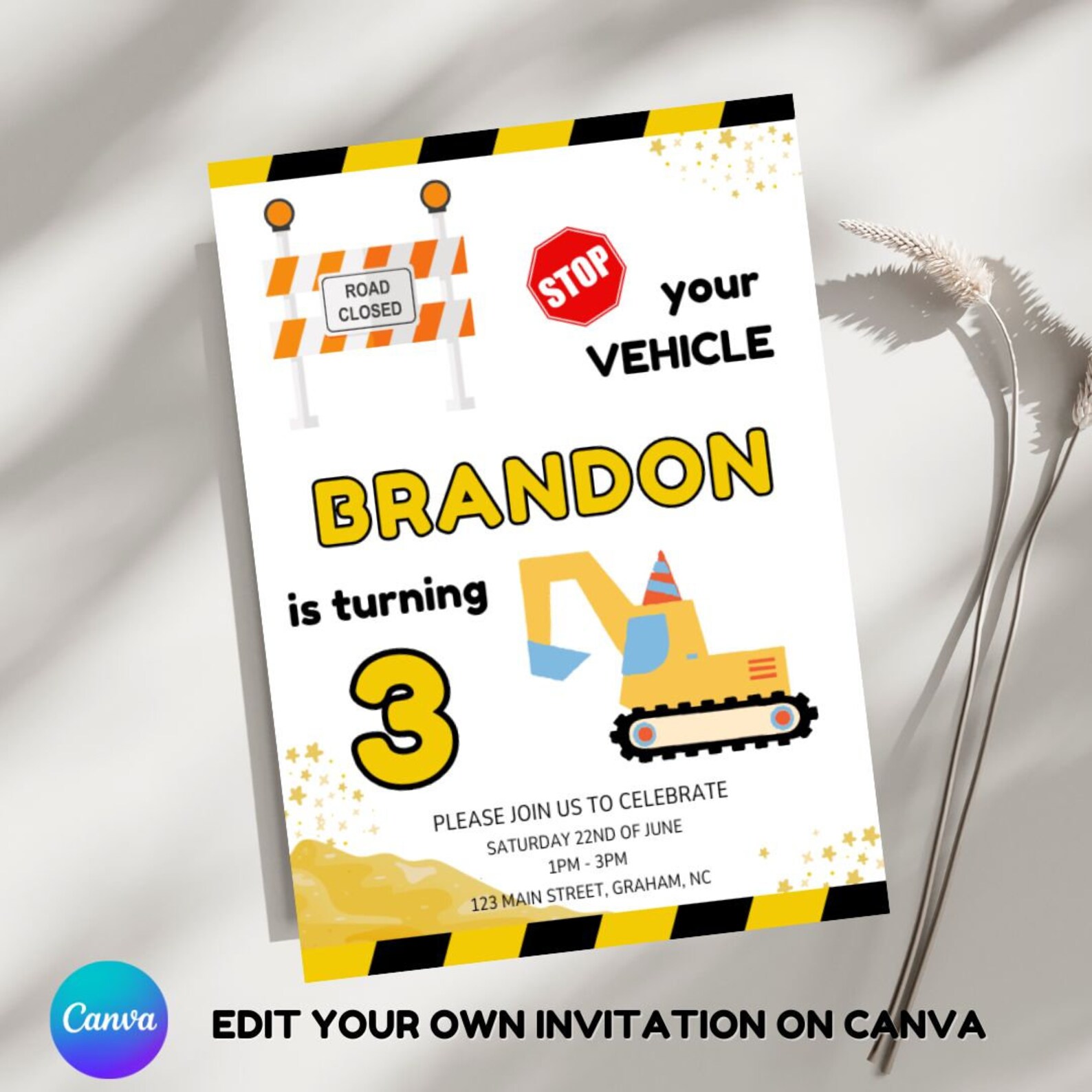 Construction Birthday Invitation Template, Editable Boy Construction ...