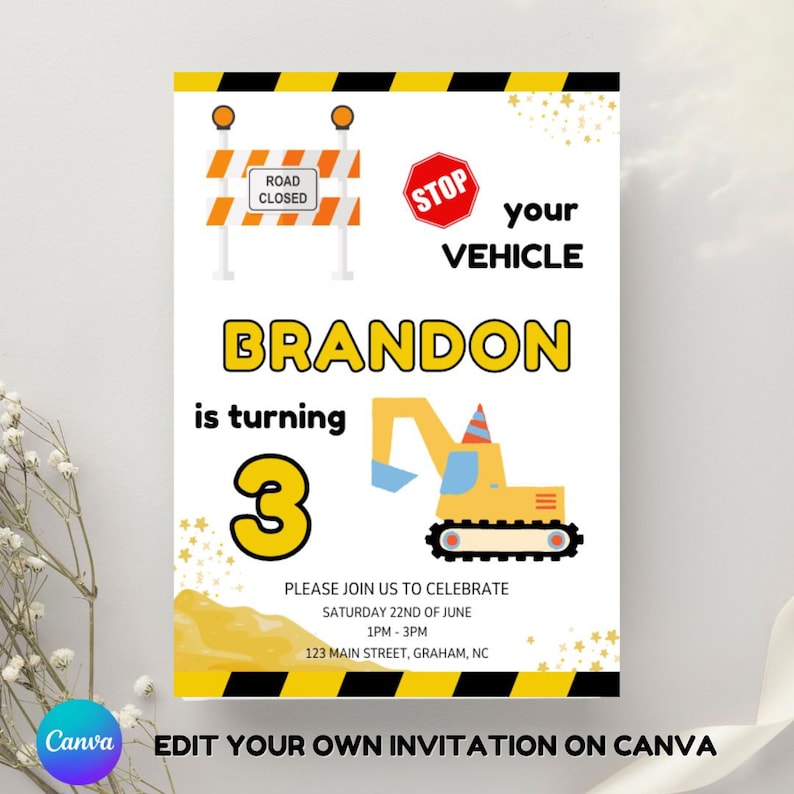 Construction Birthday Invitation Template, Editable Boy Construction ...