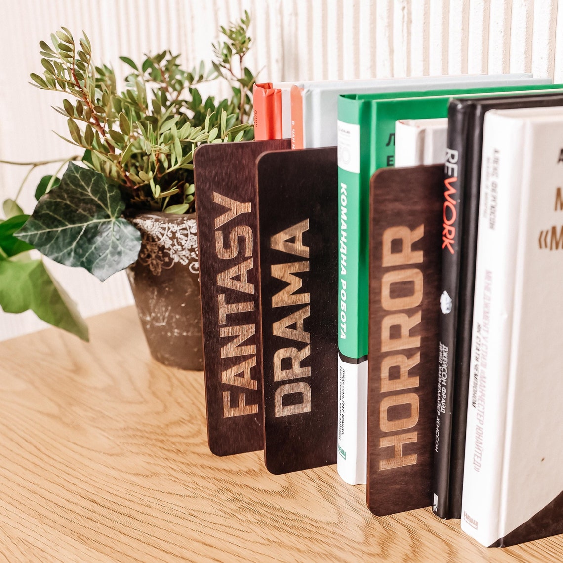 Book Shelf Dividers, Books Organizer, Book Dividers Wood, Book Genre ...
