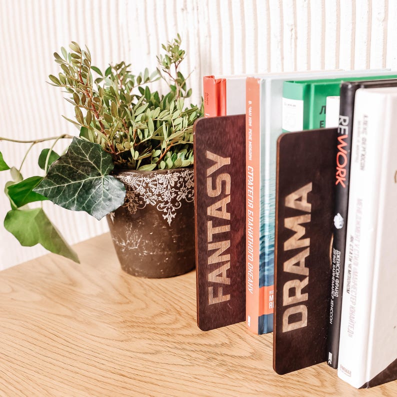 Book Shelf Dividers, Books Organizer, Book Dividers Wood, Book Genre ...
