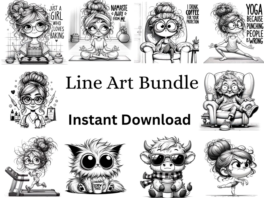 Line Art Bundle, Print on Demand, Coloring Design, Instant Download, 10 ...