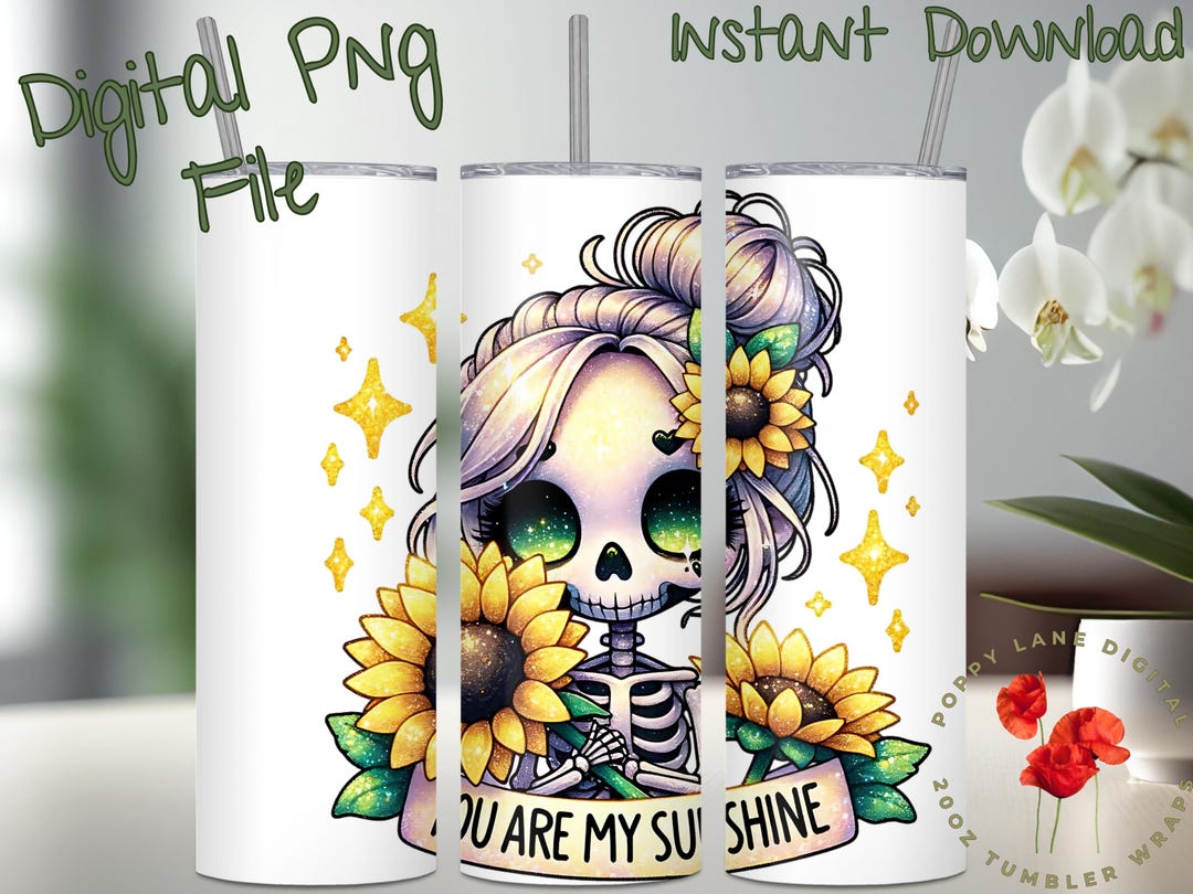 Sunflower Skeleton Wrap, 20oz Tumbler Design, Glitter Sunflower PNG ...