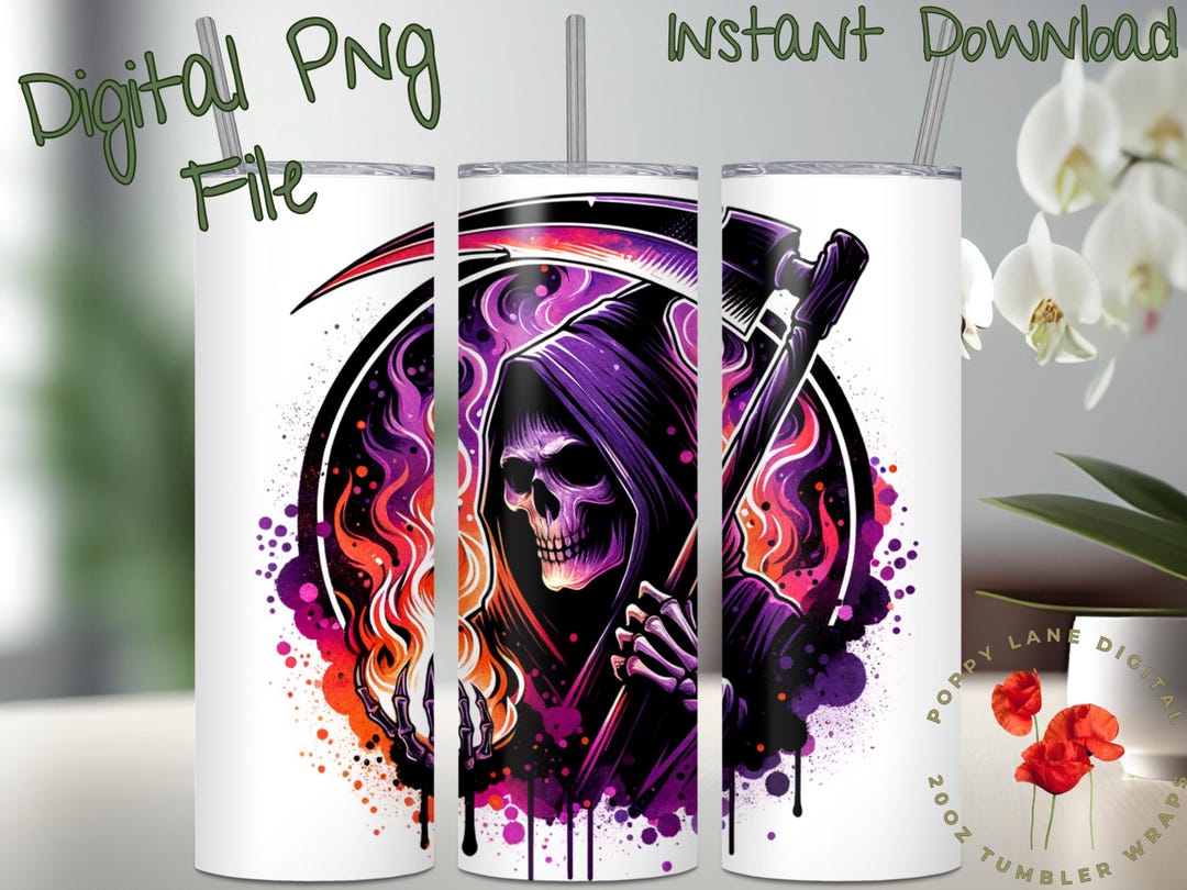 Purple Flaming Grim Reaper Wrap, 20oz Tumbler Design, Paint Splatter ...