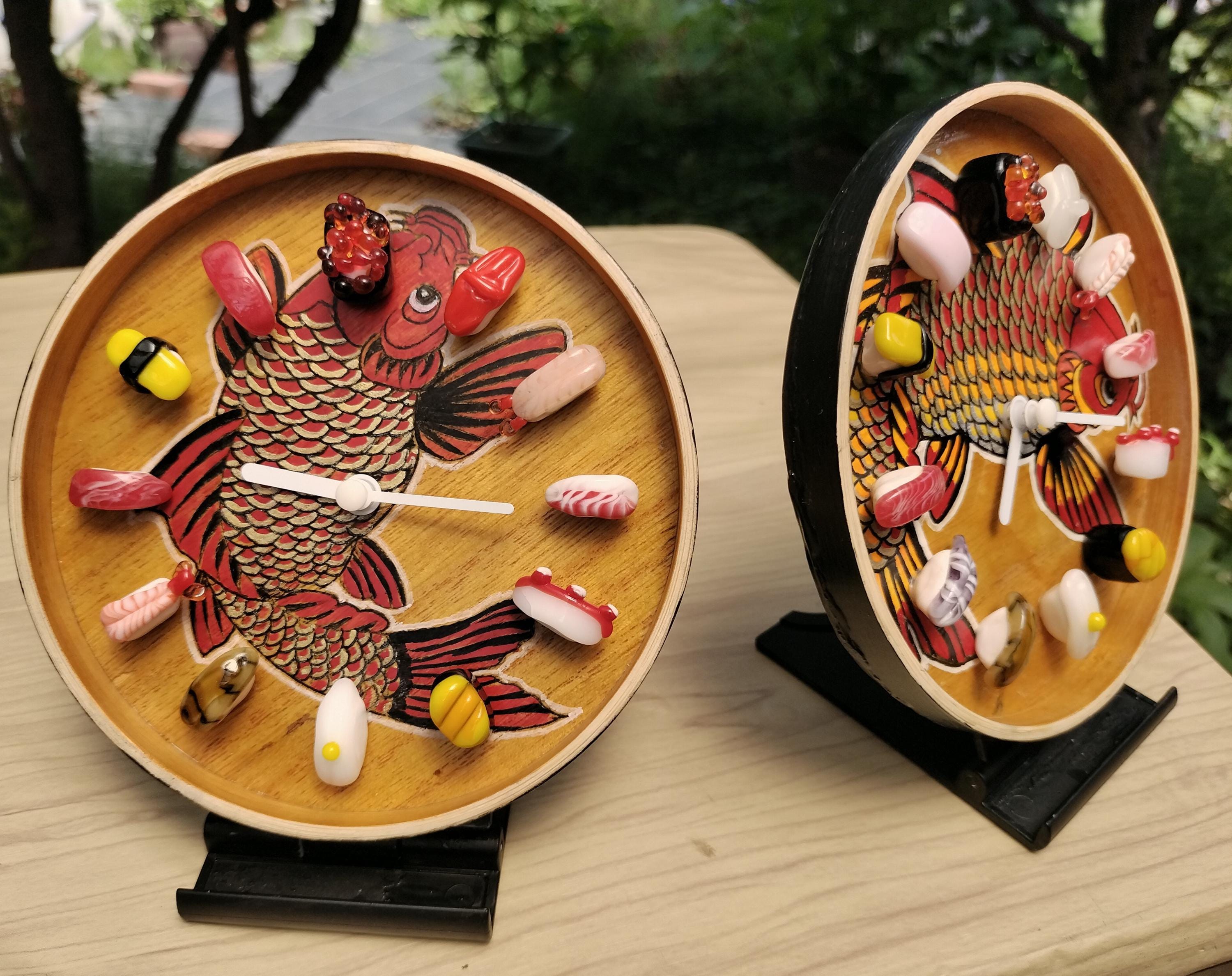 Handmade Sushi Clock with Koi Carp | Japanese Glass Art Wall Clock ...