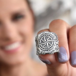 Beach Jewelry Sterling Silver Beach Ring, Nautical Jewelry Compass Ring, Sterling Silver Ring ...
