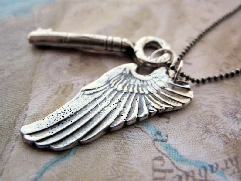 Guardian Angel Wing and Key Necklace Sterling Silver Necklace - Etsy