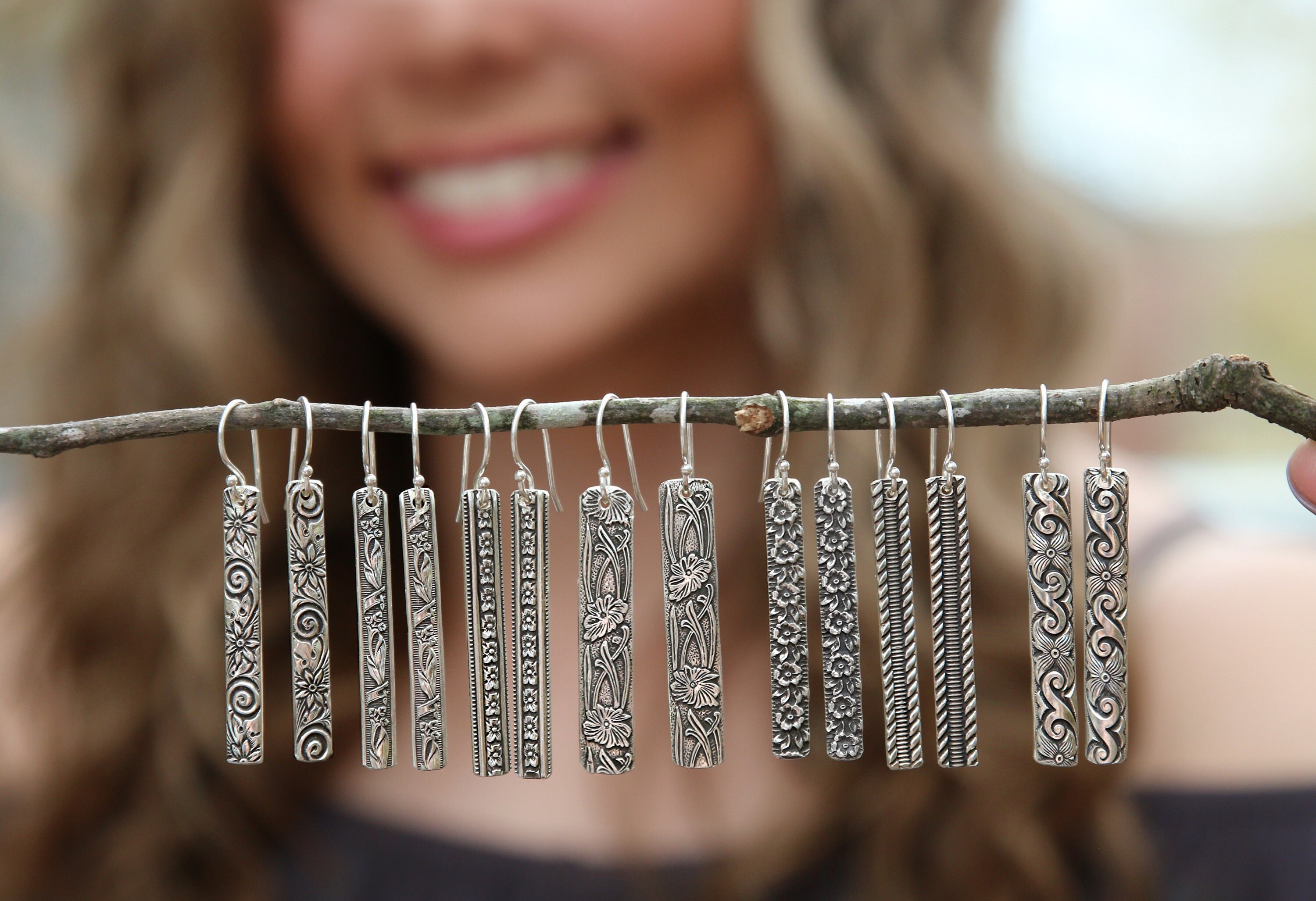 STERLING SILVER Bar Earrings Textured Bar Earrings Dangle | Etsy