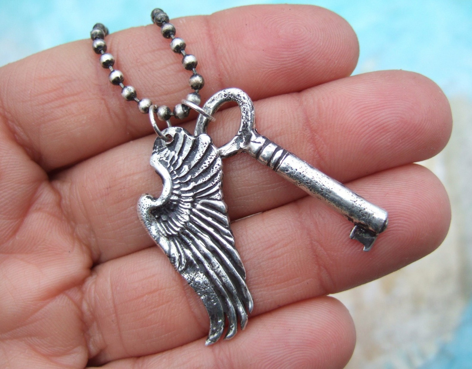 Guardian Angel Wing and Key Necklace, Sterling Silver Necklace Gift ...