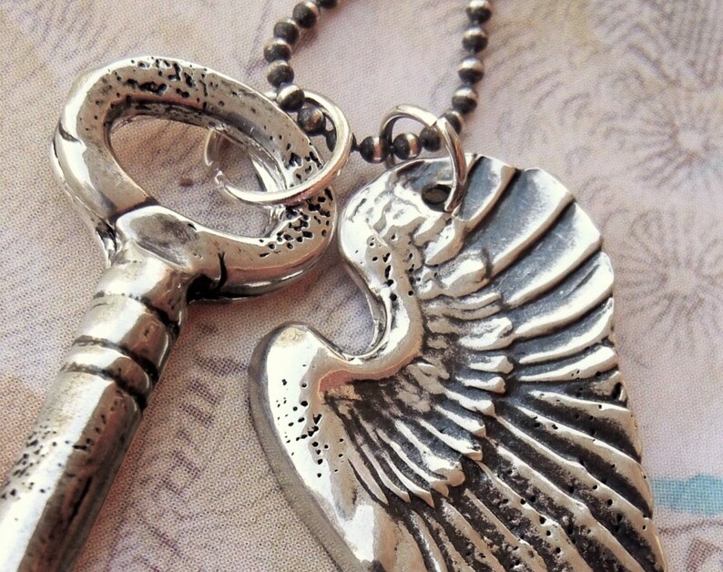 Guardian Angel Wing and Key Necklace, Sterling Silver Necklace Gift ...