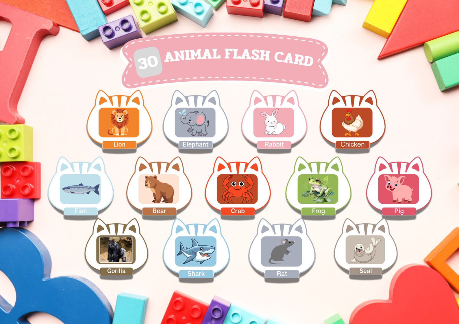 30 Animal Cartoon Vocabulary Cards, Vocabulary Flashcards, Pre-school ...