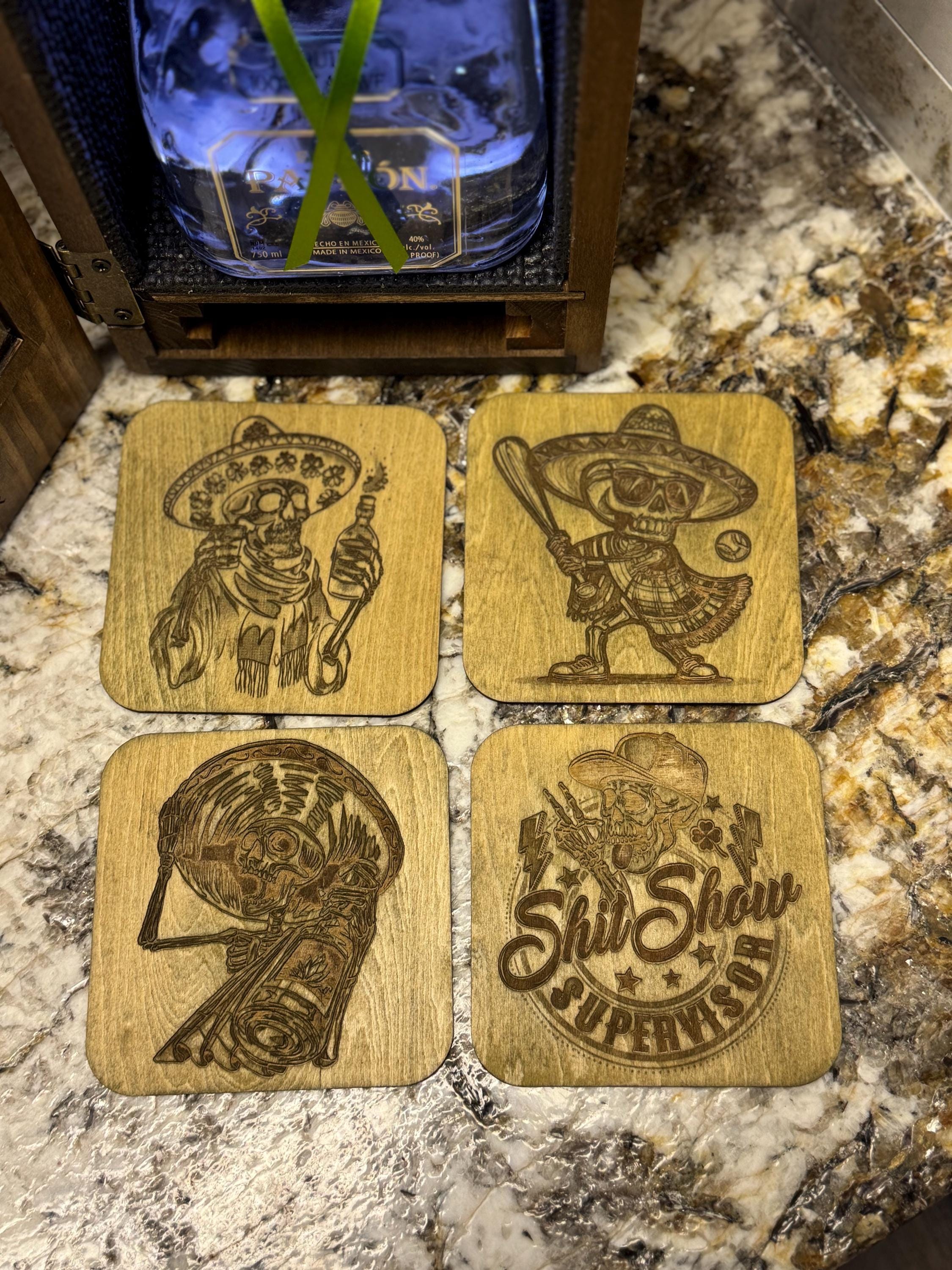 Wood Tequila Box With LED Lights, 4 Coasters and 4 Shot Glasses ...