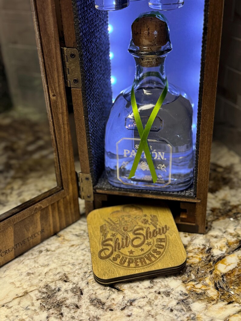 Wood Tequila Box With LED Lights, 4 Coasters and 4 Shot Glasses ...