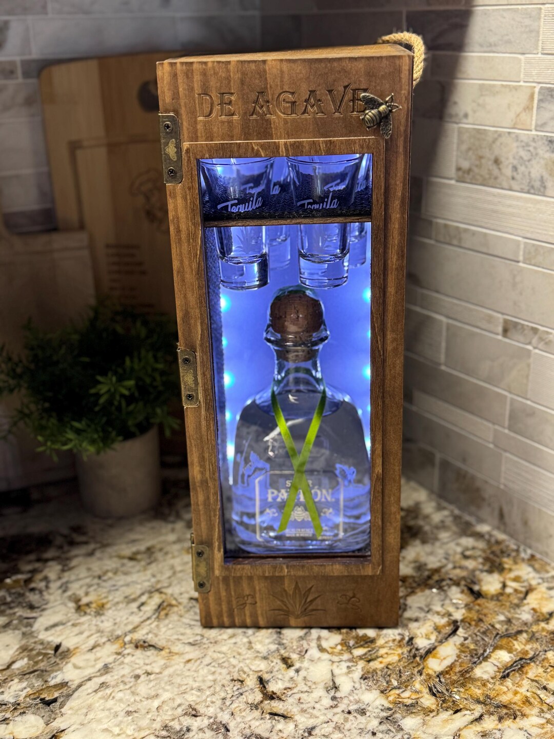 Wood Tequila Box With LED Lights, 4 Coasters and 4 Shot Glasses ...