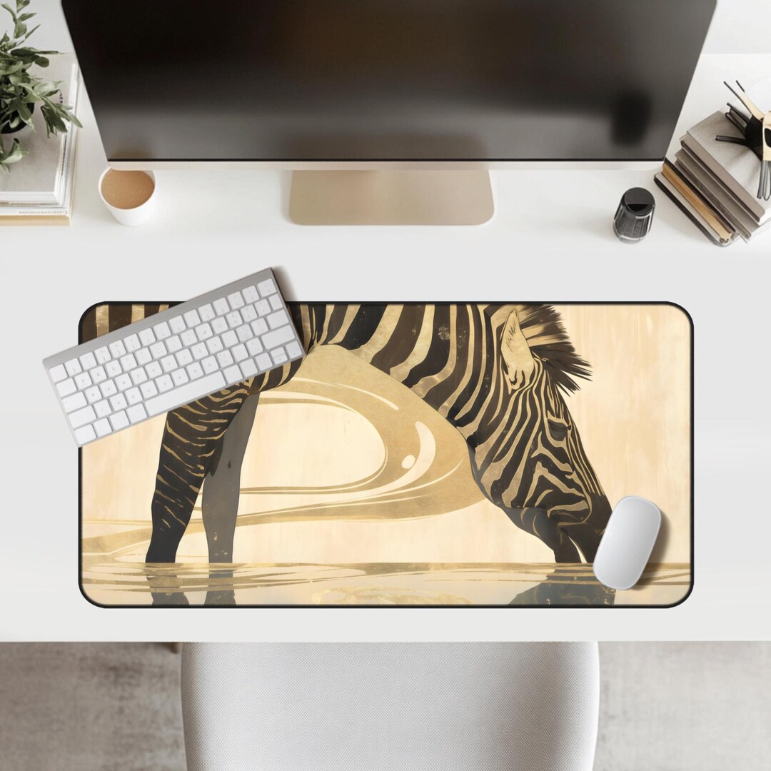 Stylized Zebra Desk Mat Beige Background Black Fur Gold Lined Stripes ...
