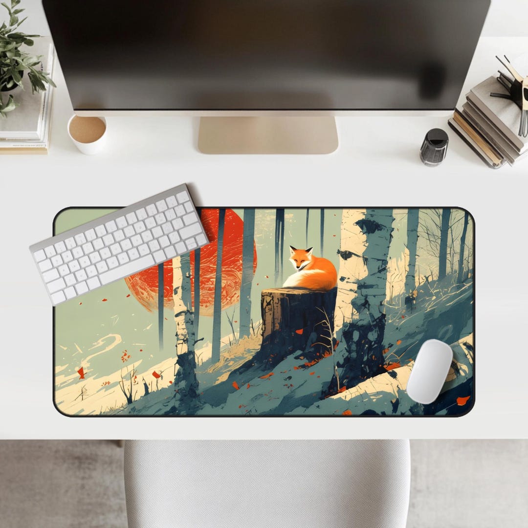 Red Moon Fox Desk Mat Forest Red Sun Calm Sky Gaming Mouse Pad Office ...
