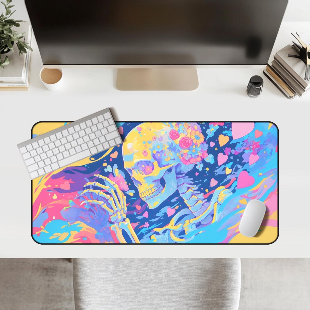 Surreal Cheerful Happy Skeleton Desk Mat Colorful Flower Skull Design ...