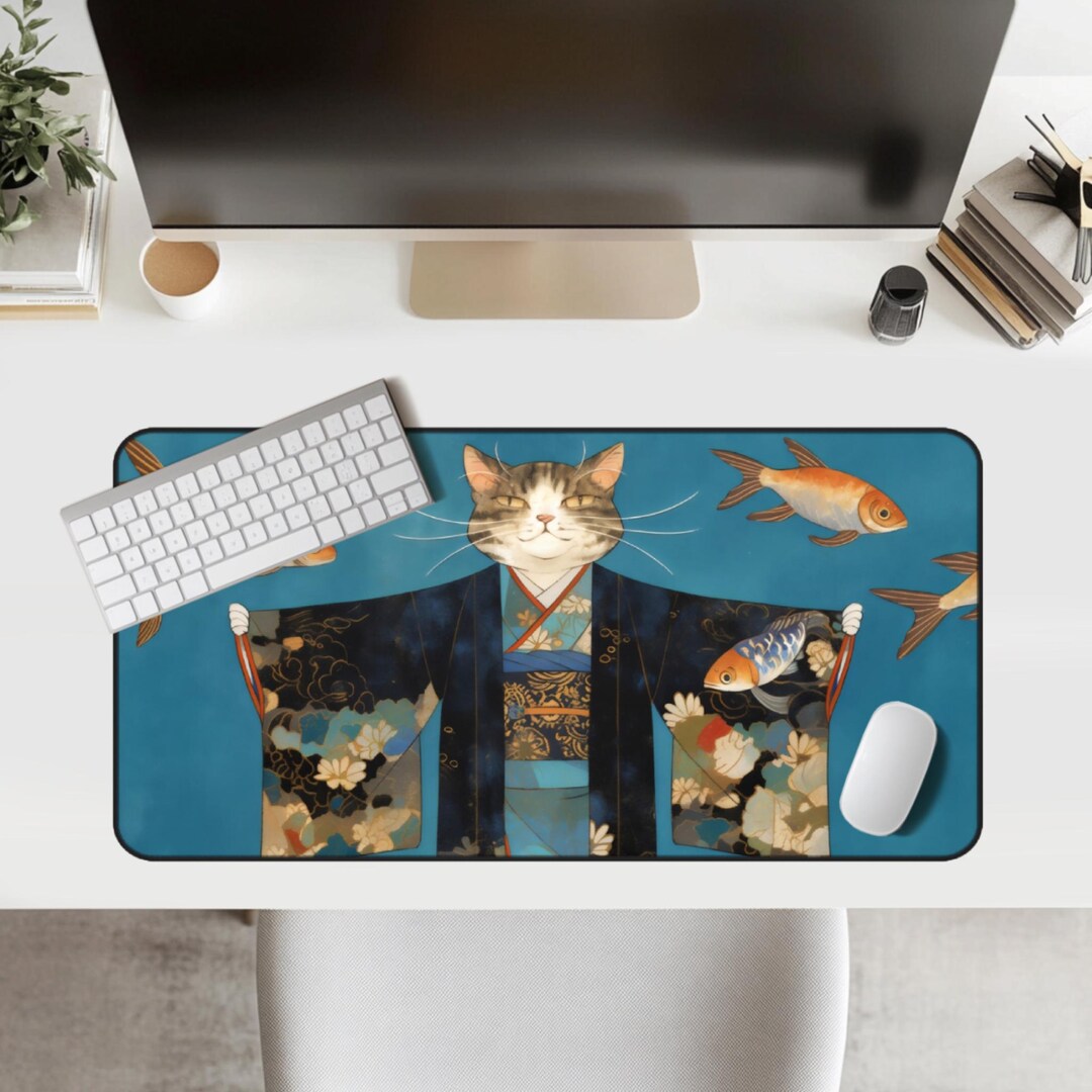 Japanese Desk Mat Tabby Cat Mousepad Japanese Kimono Mat Blue ...