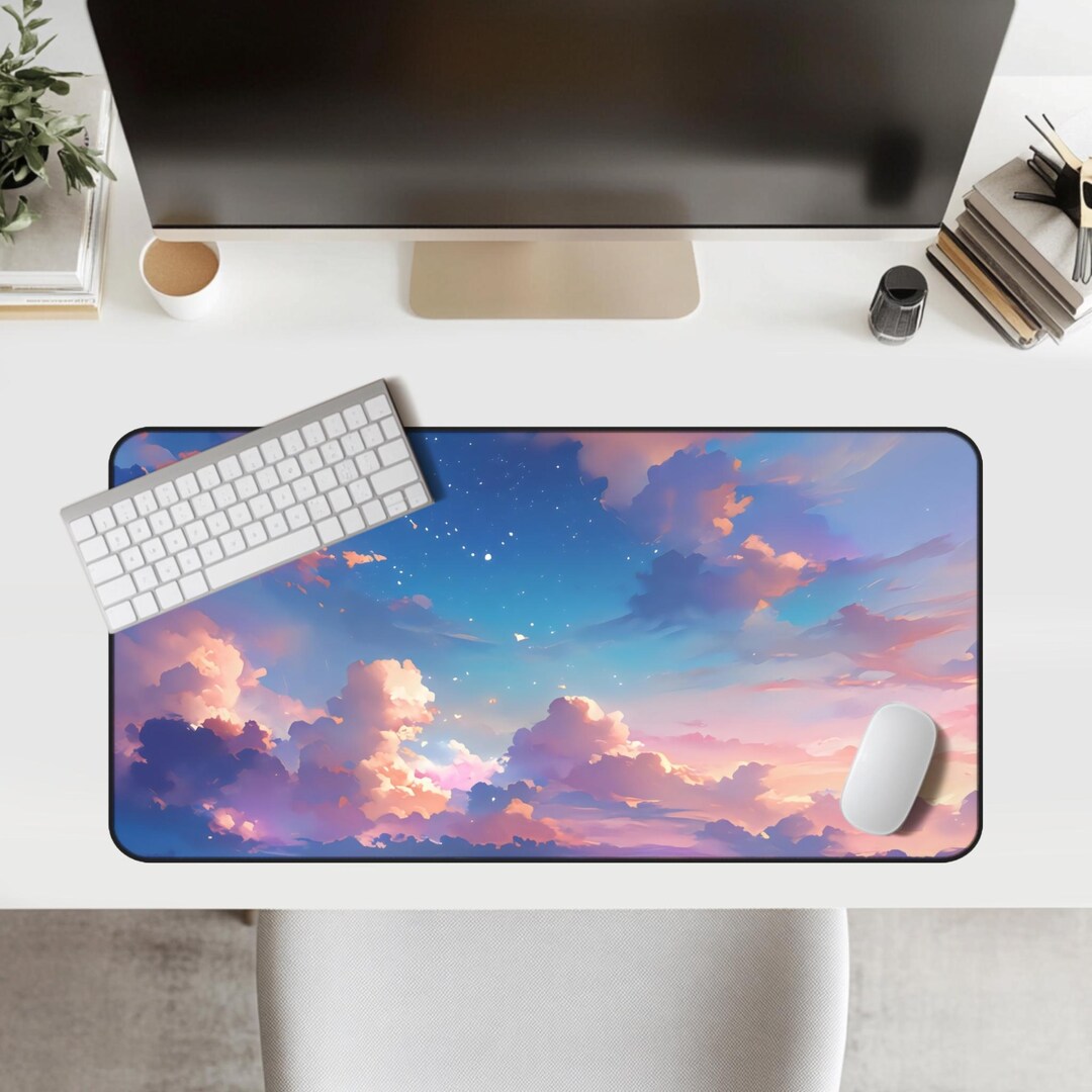 Watercolor Pastel Sky Desk Mat Cute Cloud Mouse Pad Cloudy Sky Desk Pad ...