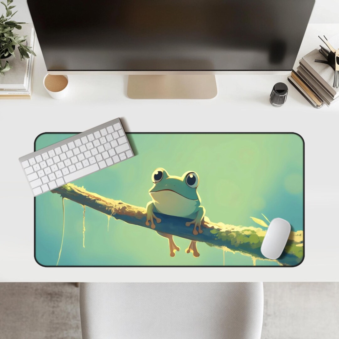Frog Desk Mat Mossy Branch Mouse Pad Cute Green Frog Office Decor ...