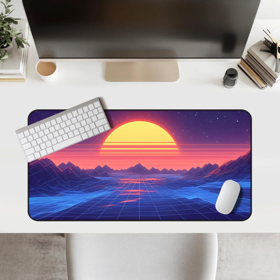 Neon Sunset Desk Mat Retro Futuristic Orange Sun Mouse Pad Digital Art ...