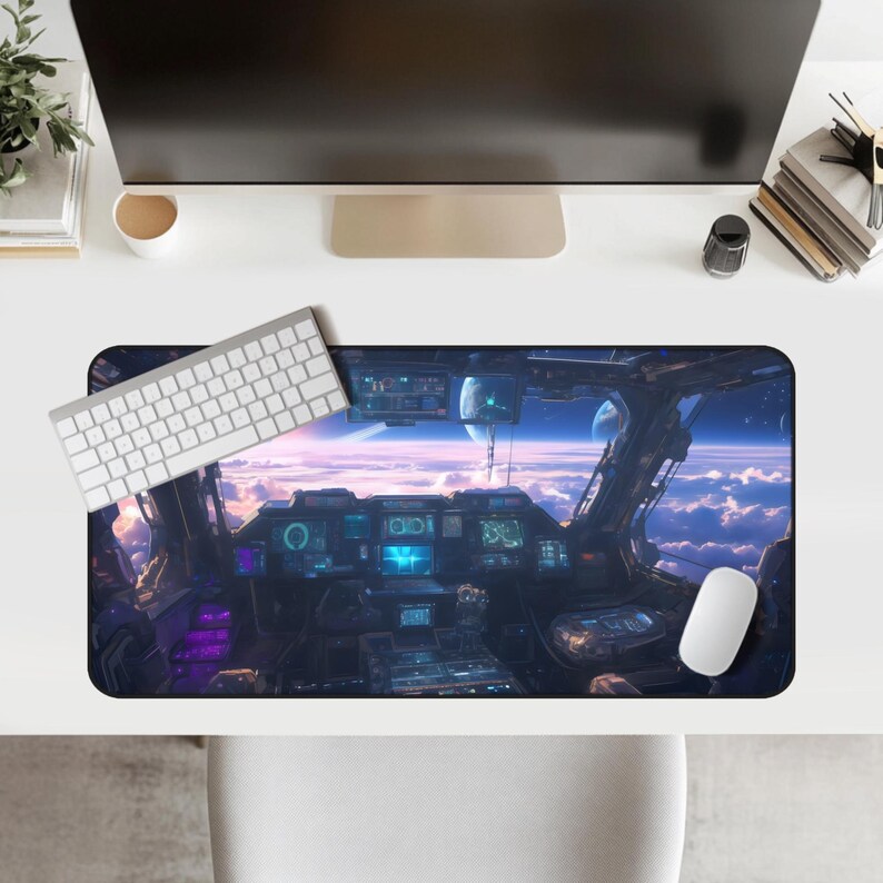 Spaceship Cockpit Desk Mat Retro Sci-fi Mousepad Shooting Stars Planets ...