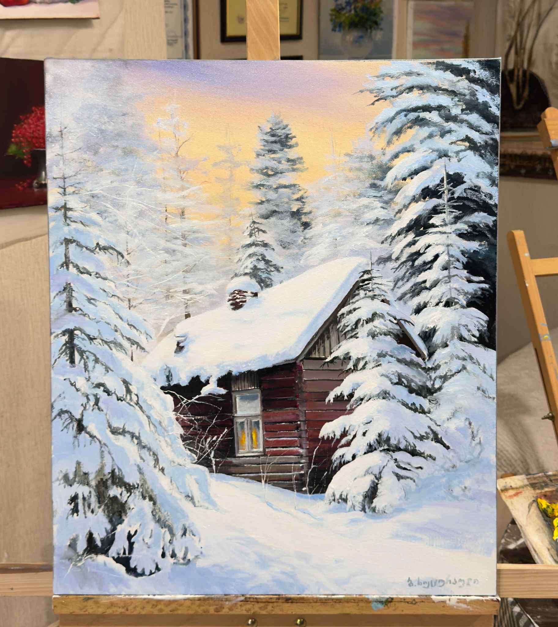 Original Oil Painting - Winter Cabin in Snow, Forest Landscape Art 50 ...