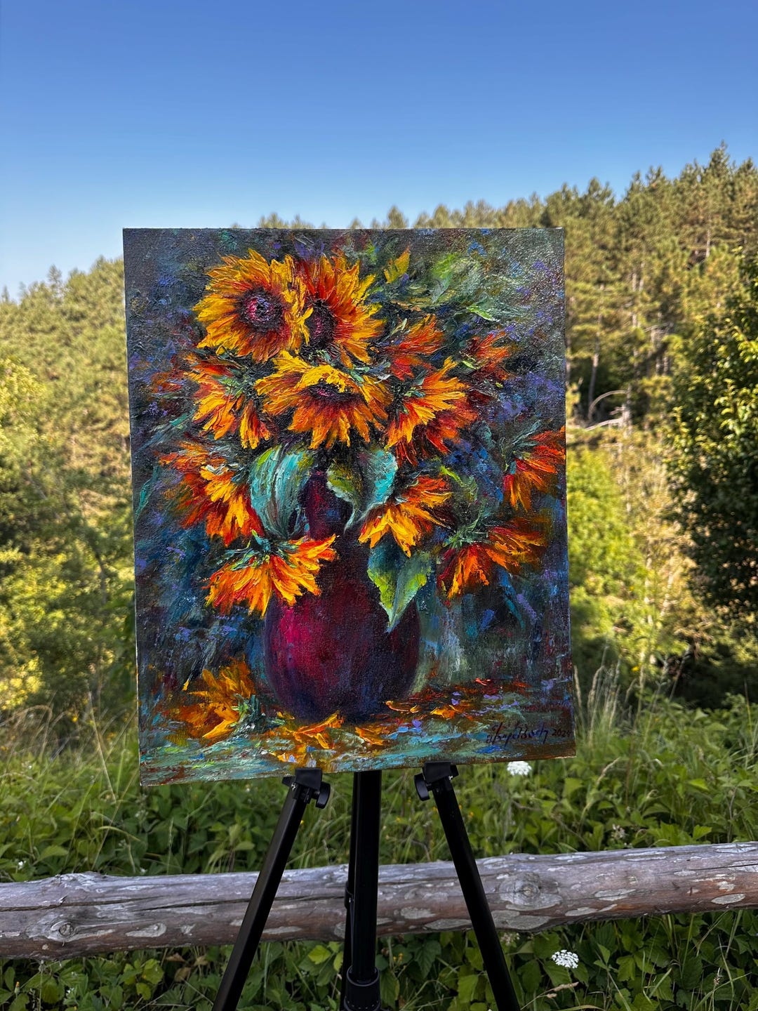 Impressionist Sunflower Oil Painting on Canvas: Signed Floral Still ...