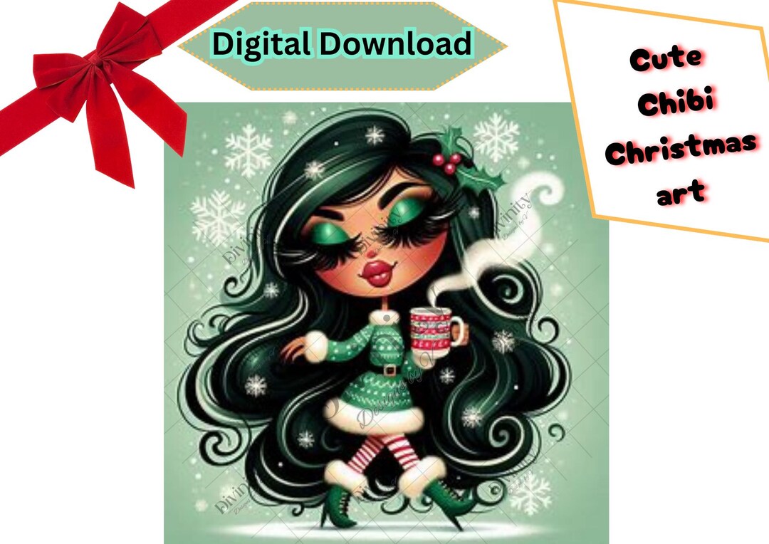 Chibi Christmas Girl Digital Animated Illustration Festive Holiday Art ...