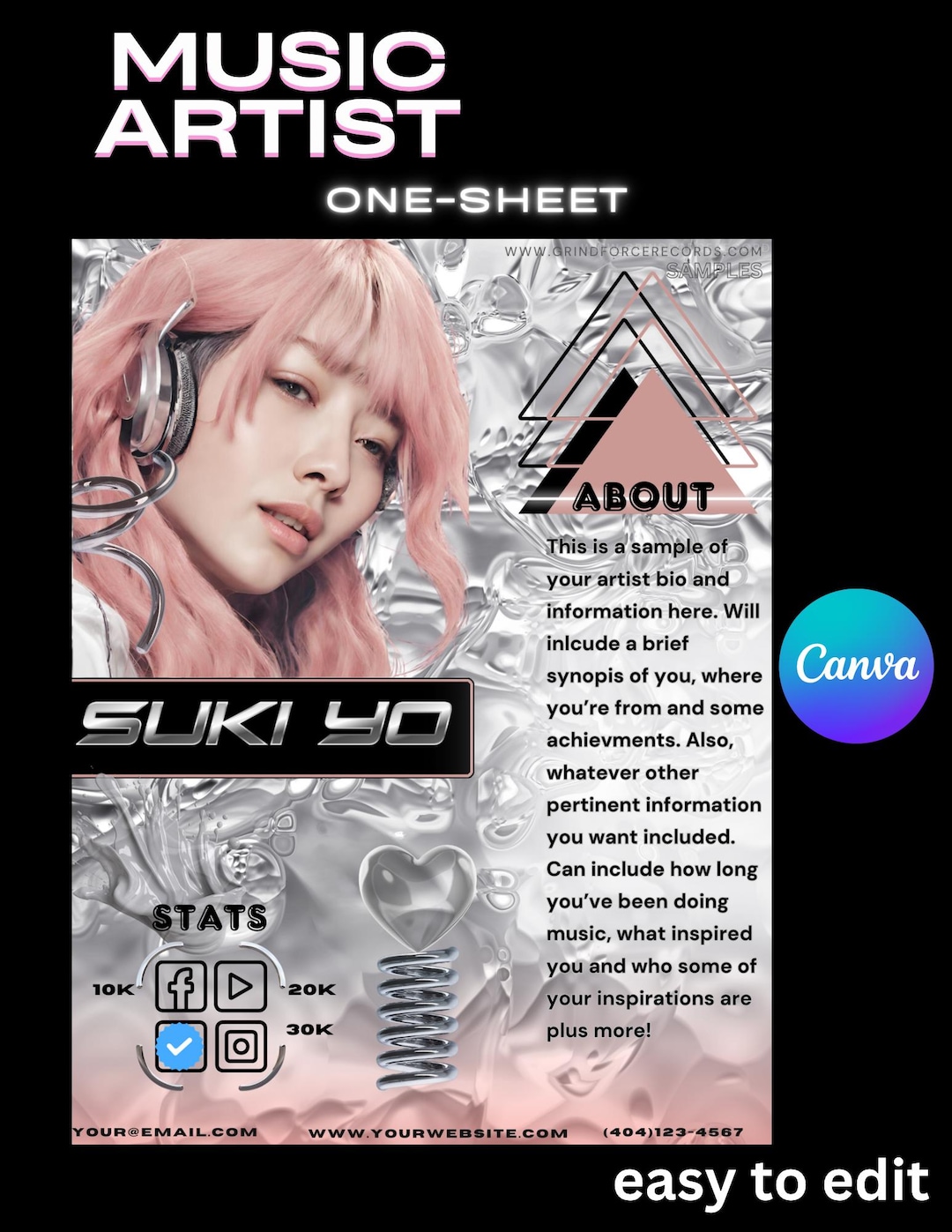 Music Artist One-sheet Editable Template *CANVA PRO Elements* Metallic ...