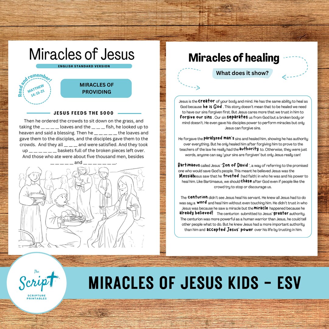 Miracles of Jesus Worksheet ESV for Kids,homeschool Learning,sunday ...