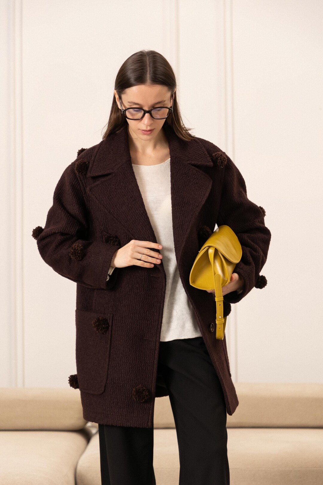 Handmade Wool Coat, Brown Trench Coat With Pompoms - Etsy