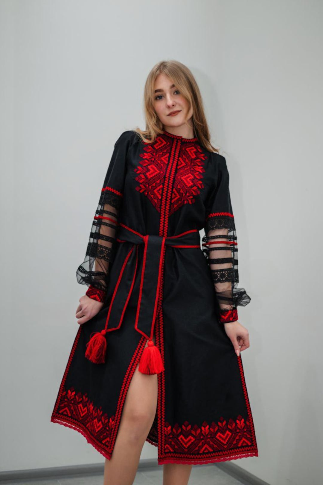 Black Linen Ukrainian Vyshyvanka Dress, Embroidered Long Boho Kaftan ...